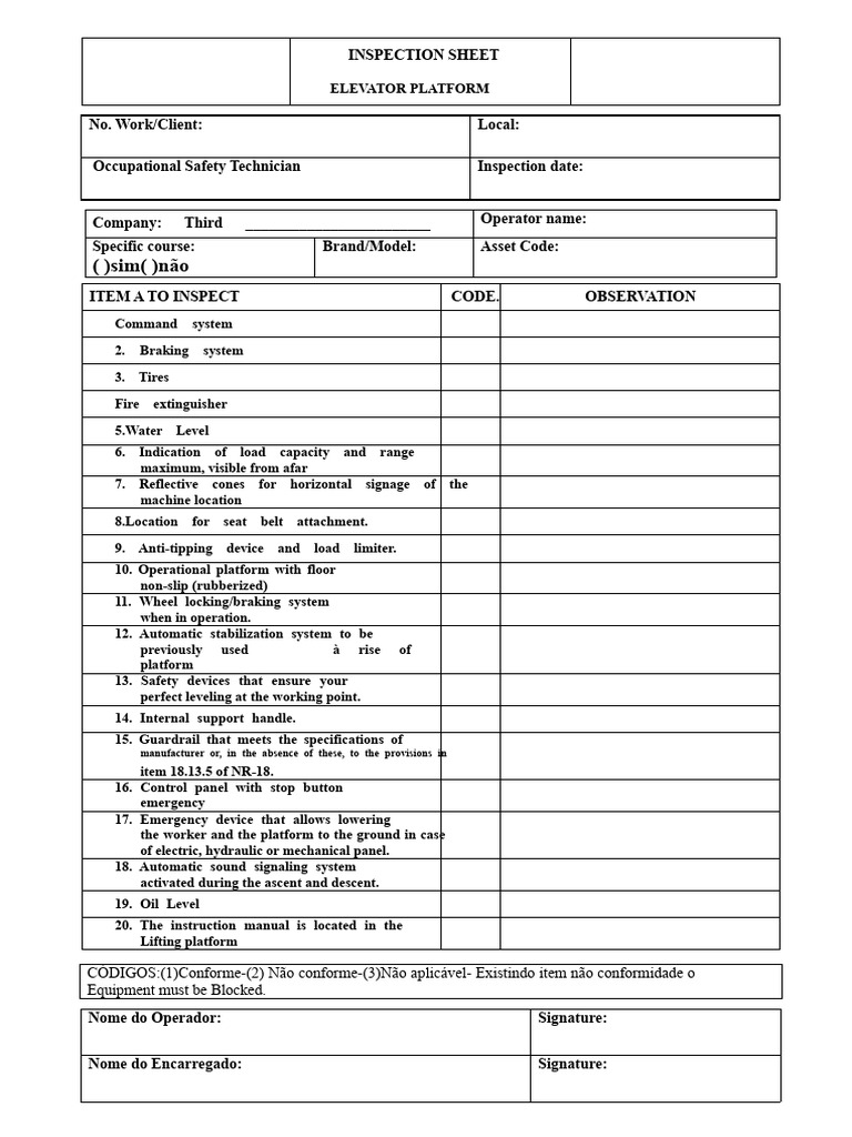 Elevator Platform Inspection Checklist | PDF