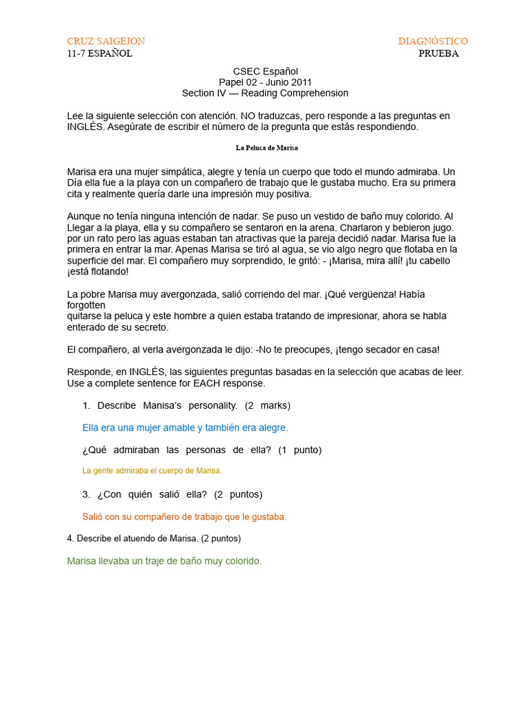 PAPEL DE PRUEBA DIAGNÓSTICA 2 DE ESPAÑOL CSEC | PDF