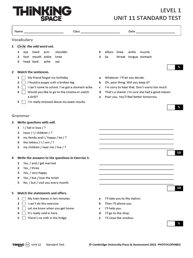 A2 Level 1 Unit 11 Standard Test | PDF
