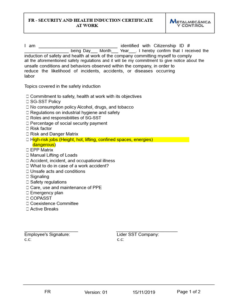 Fr-Sst-Acknowledgment of Safety and Health Inducement in The Workplace ...