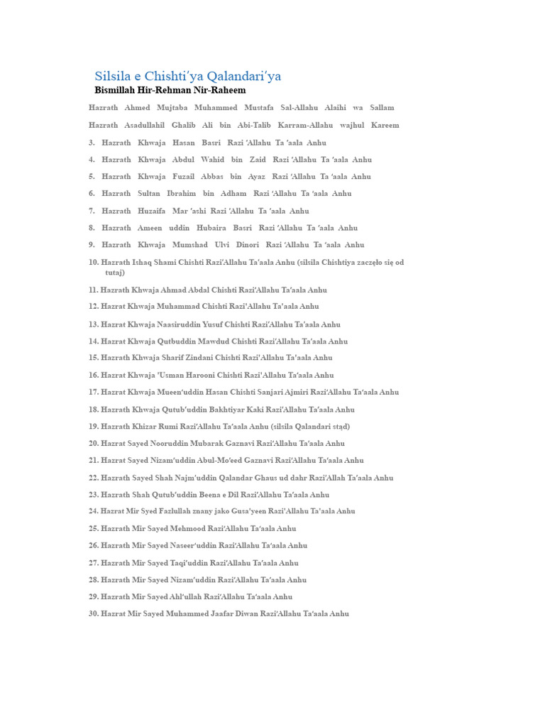 Chishtiya_Qalandariya_Shijra | PDF | Islamic Mysticism | Sufism