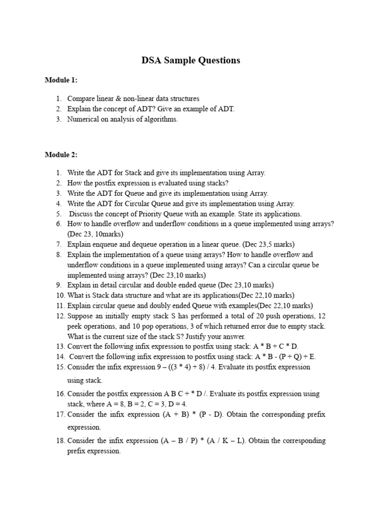 DSA Sample Questions | PDF | Queue (Abstract Data Type) | Algorithms ...