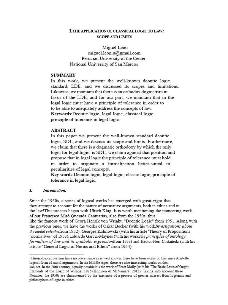The Application of Classical Logic To Law. Scope and Limits (Final ...