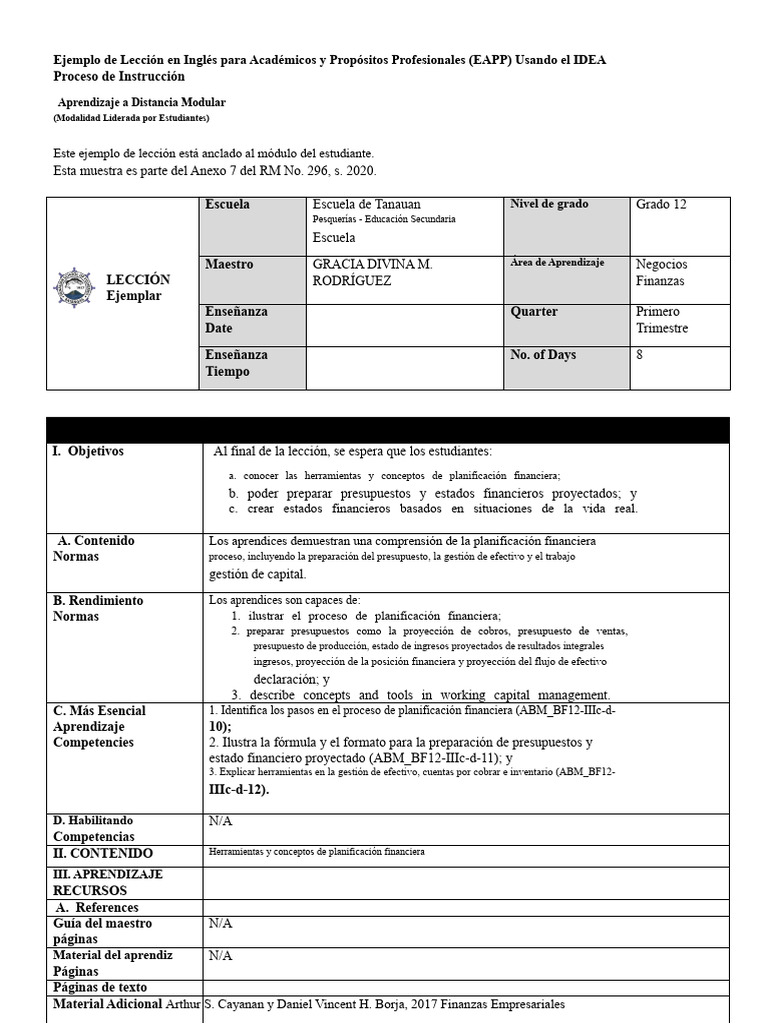 Lección de Finanzas Empresariales-Exemplar - Módulo 2 | PDF ...