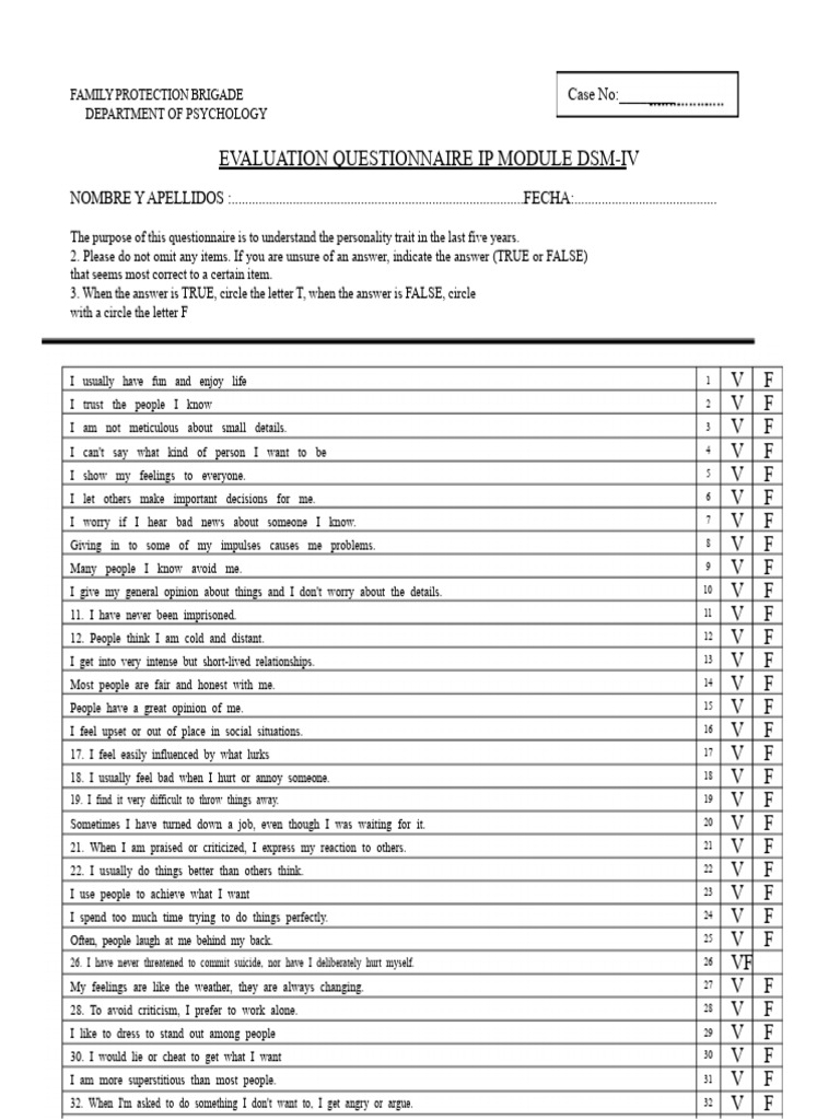 Evaluation Questionnaire Ip DSM Iv | PDF | Diagnostic And Statistical ...