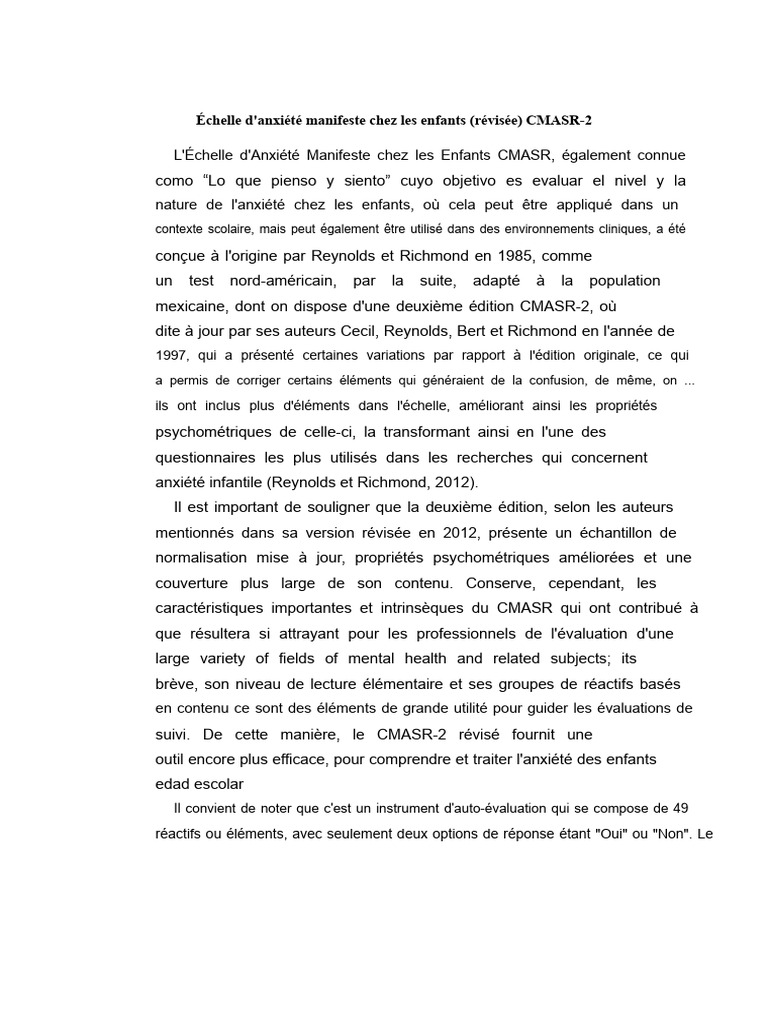 Échelle d'Anxiété Manifeste CMASR-2 | PDF | Anxiété | Psychométrie