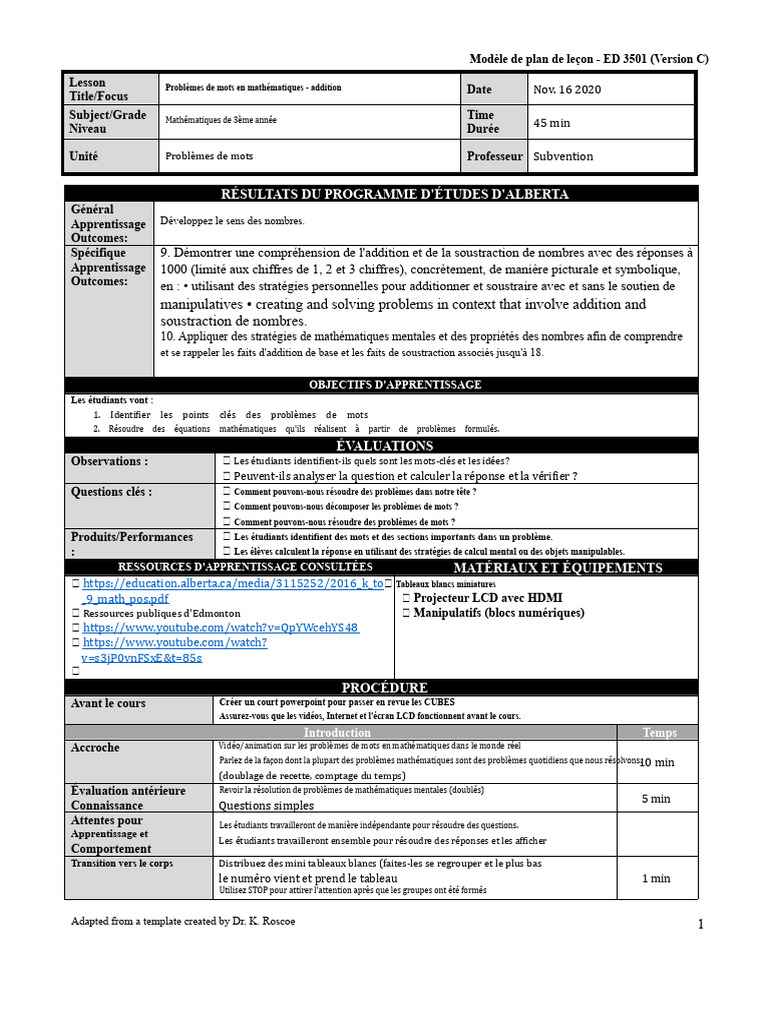 Problèmes de Mots de Mathématiques de 3ème Année - Plan de Leçon Sur L ...