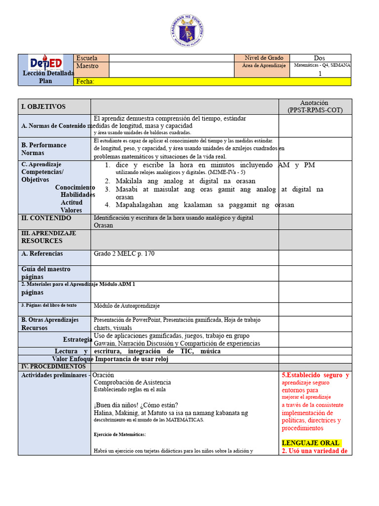 FORMATO DE PLAN DE LECCIÓN 4as CUARTO TRIMESTRE SEMANA 1 DICIENDO LA ...