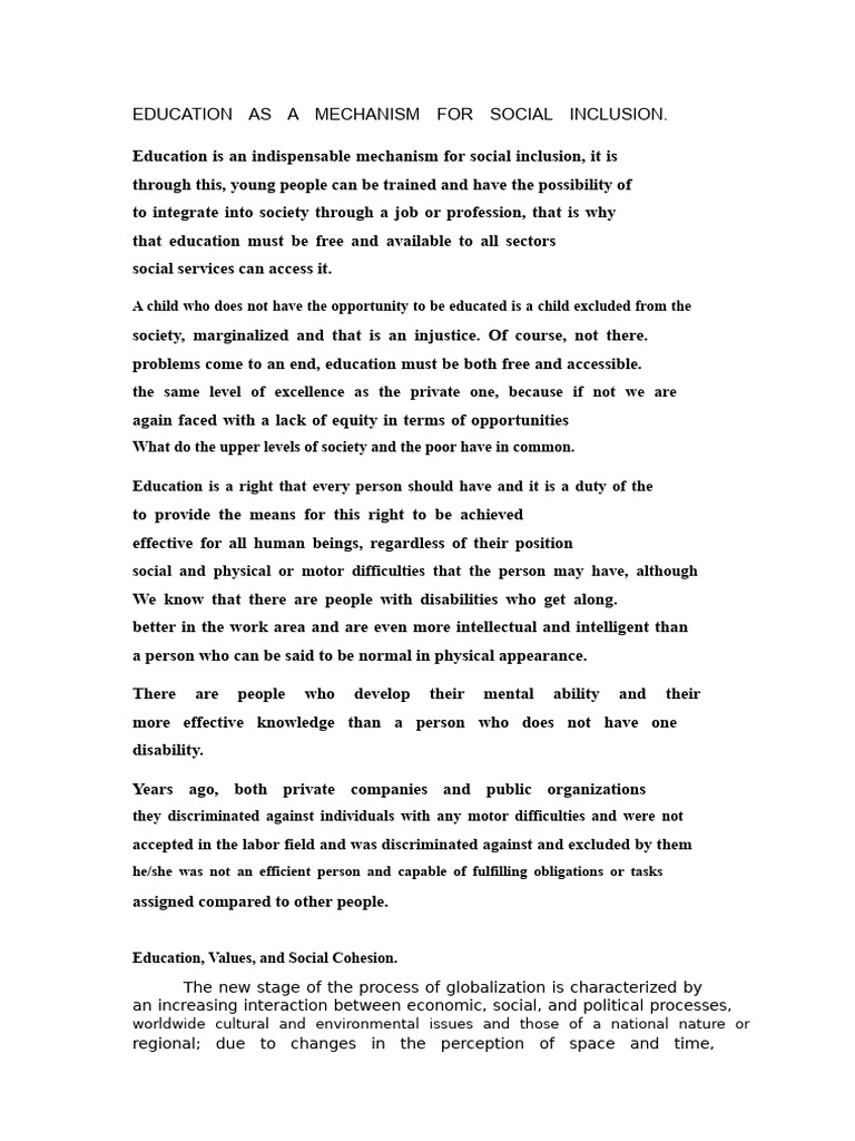 Education as a Mechanism of Social Inclusion | PDF | Social Exclusion ...