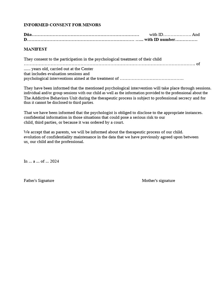 Consent Model For Psychological Treatment of Minors | PDF