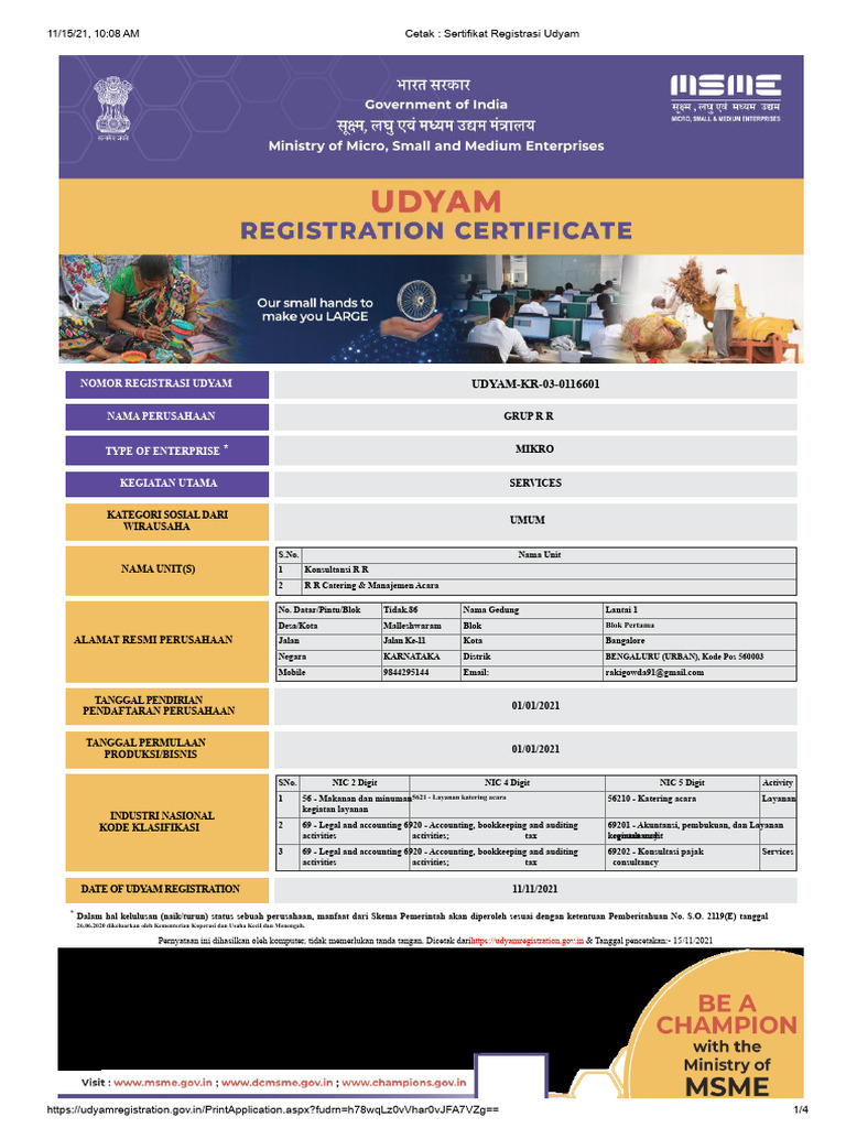 Cetak _ Sertifikat Registrasi Udyam dengan Lampiran | PDF