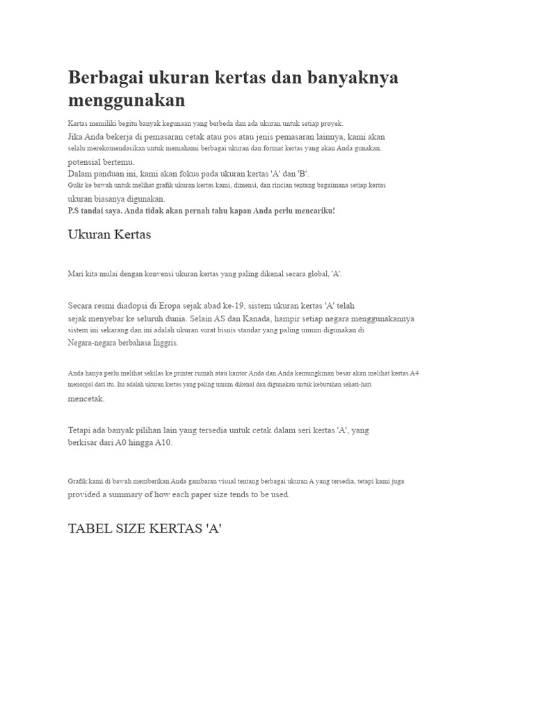 Ukuran Kertas A dan B: Panduan Lengkap | PDF