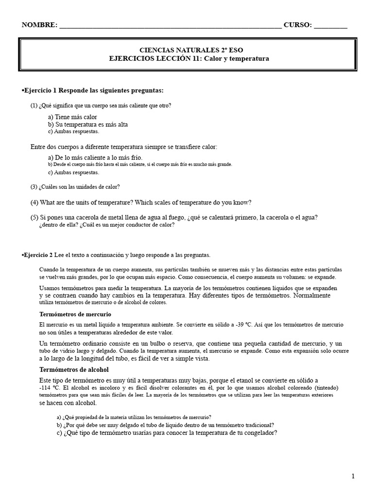 hoja de ejercicios_lección-11 calor y temperatura.pdf | PDF ...