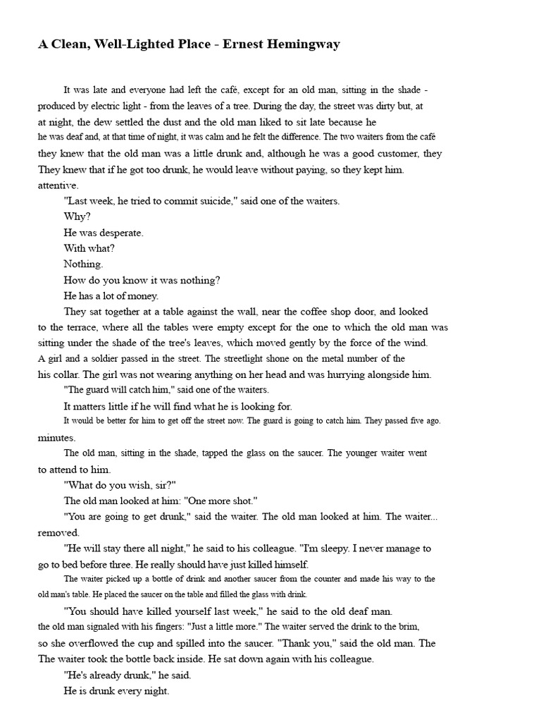 A Clean, Well-Lighted Place - Ernest Hemingway | PDF
