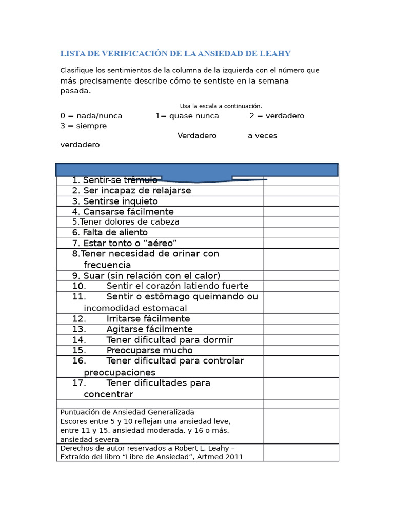 Lista de Verificación de Ansiedad Leahy | PDF