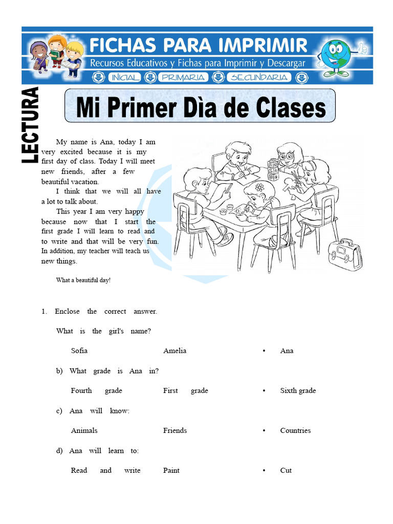 My First Day of School Worksheet For Primary | PDF