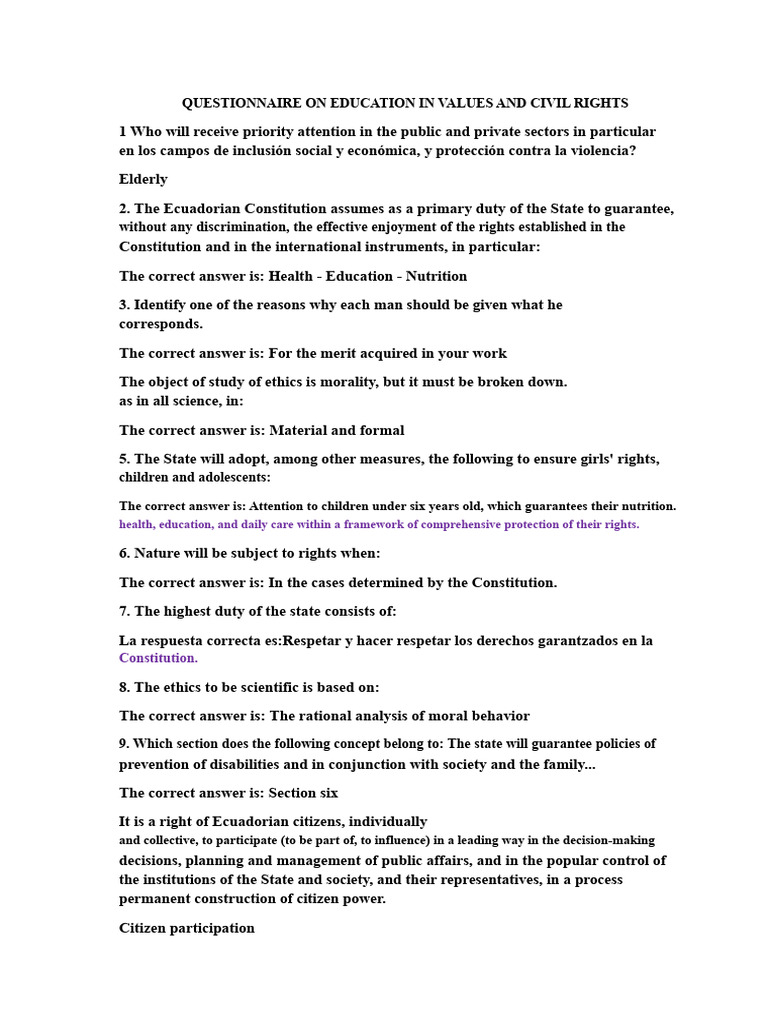 Questionnaire On Education in Values and Citizens' Rights | PDF | Human ...