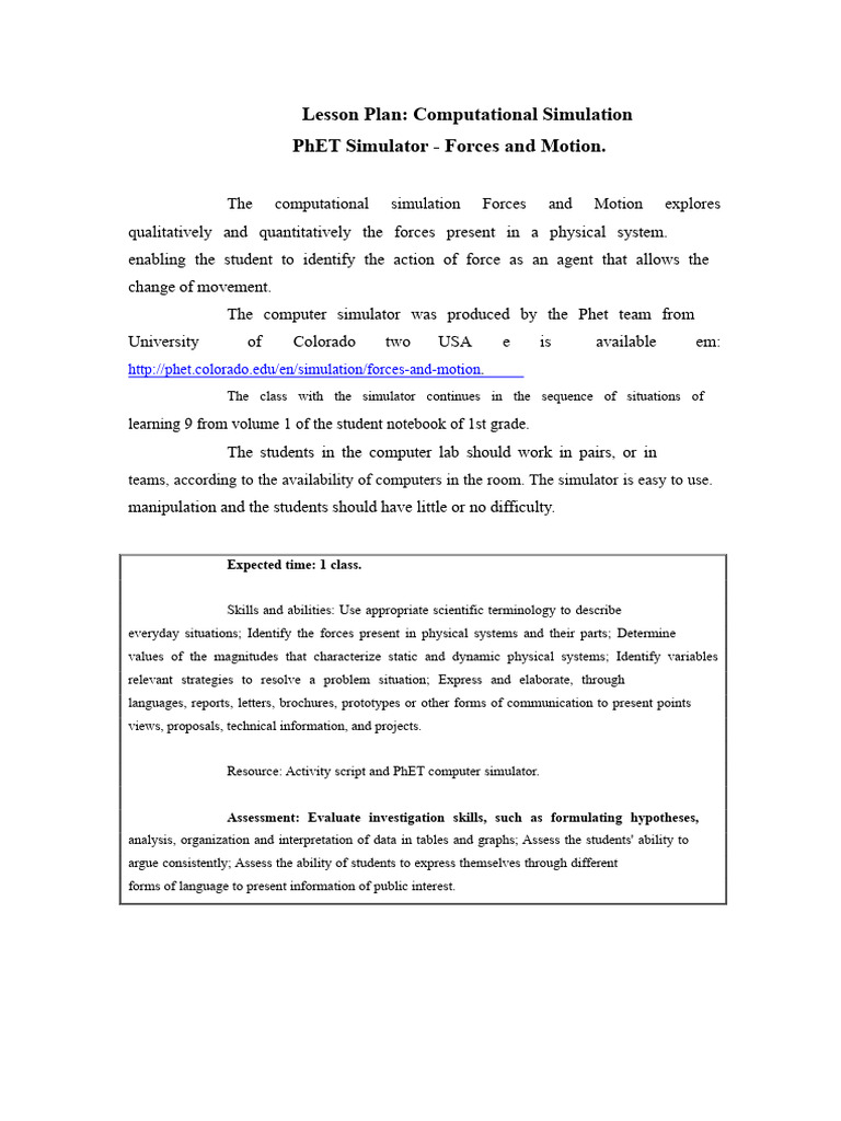 Lesson Plan - Forces and Motion | PDF | Simulation | Force