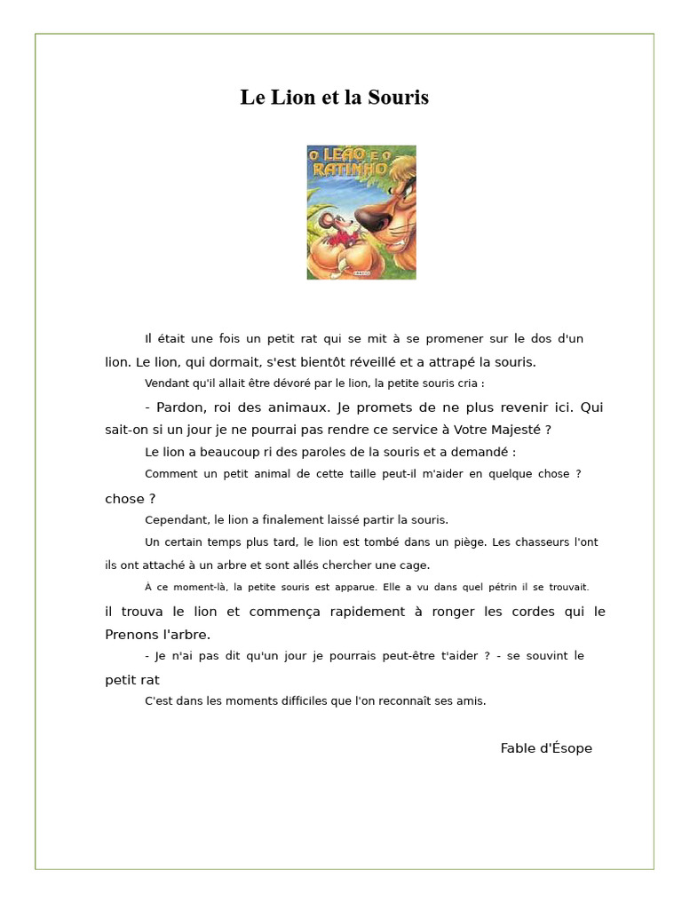 Fable d'Ésope : Le Lion et la Souris | PDF | Fable | Rat