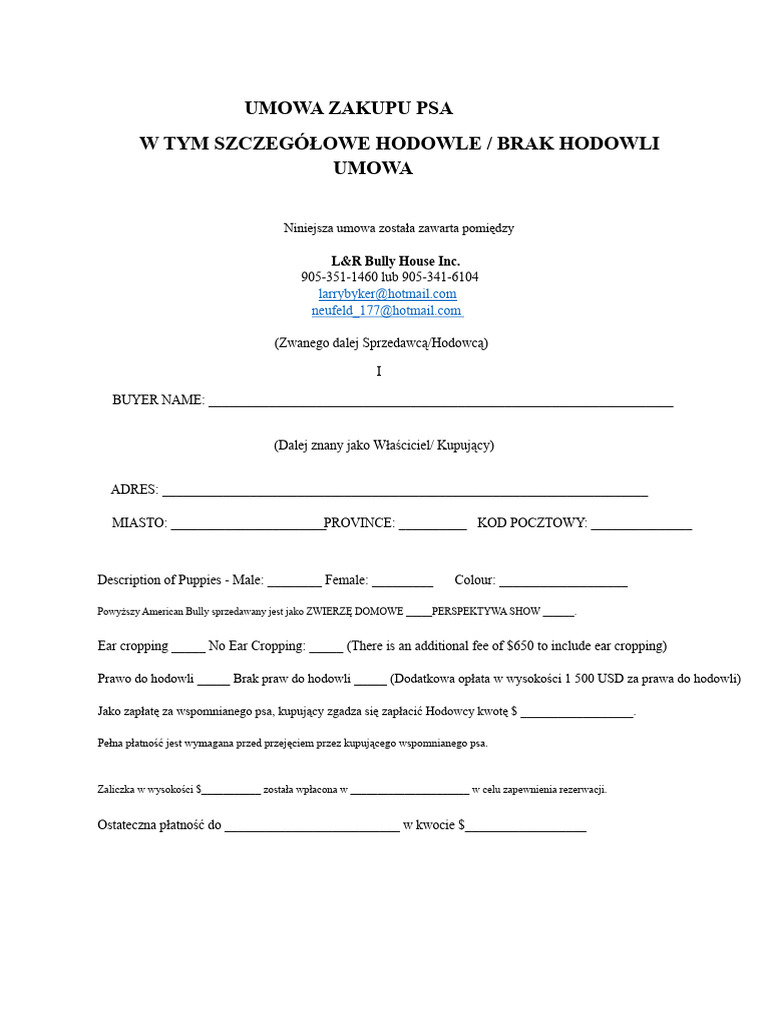 Umowa Zakupu I Hodowli Psów L R Bully House Inc. | PDF