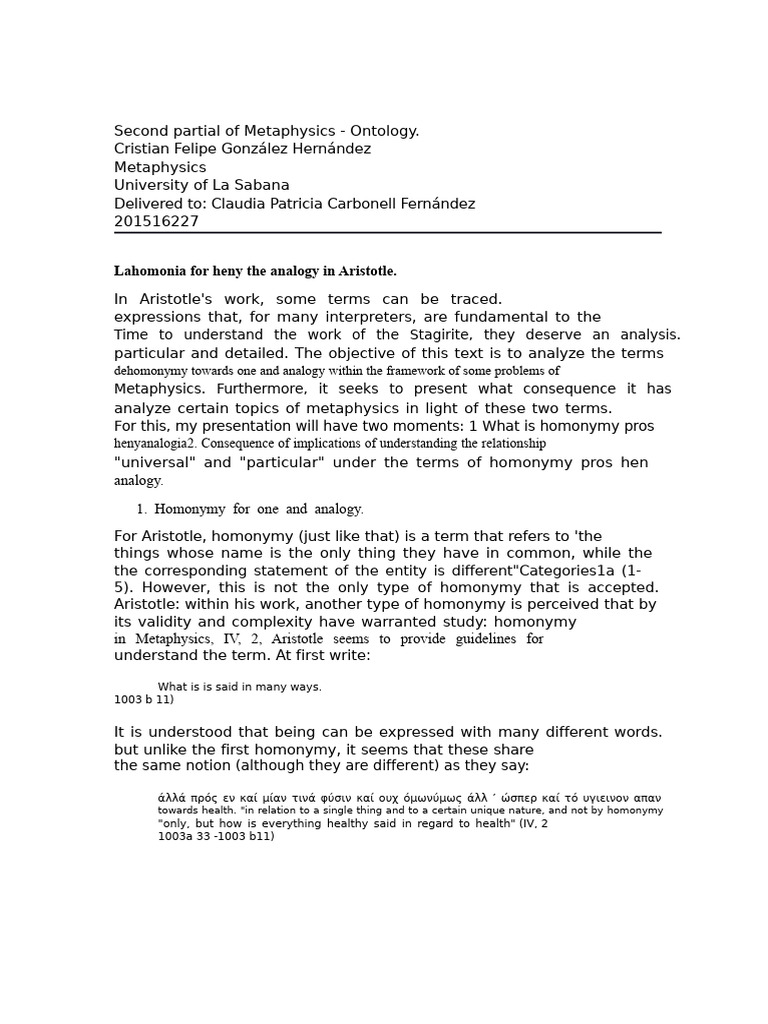 The Homonia Pros Hen in Aristotle Partial 2. | PDF | Metaphysics ...