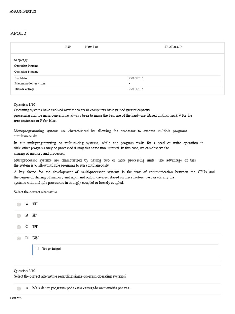 APOL 2 Operating Systems UNINTER | PDF | Kernel (Operating System ...