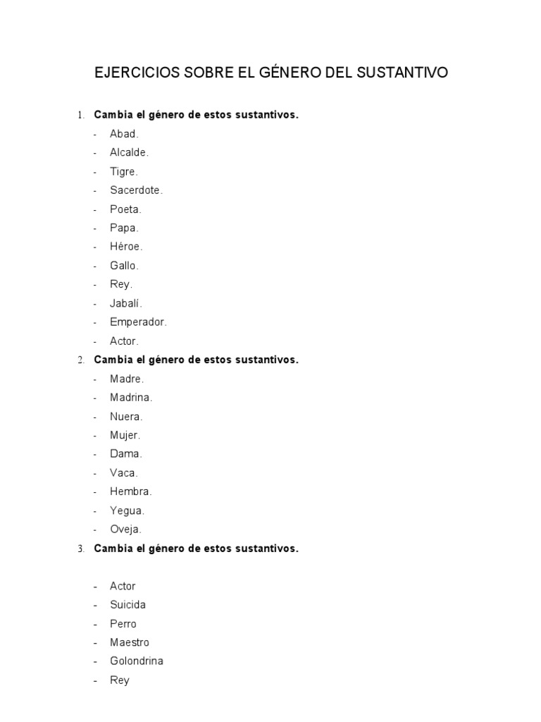 Ejercicios Sobre El Género Del Sustantivo | PDF