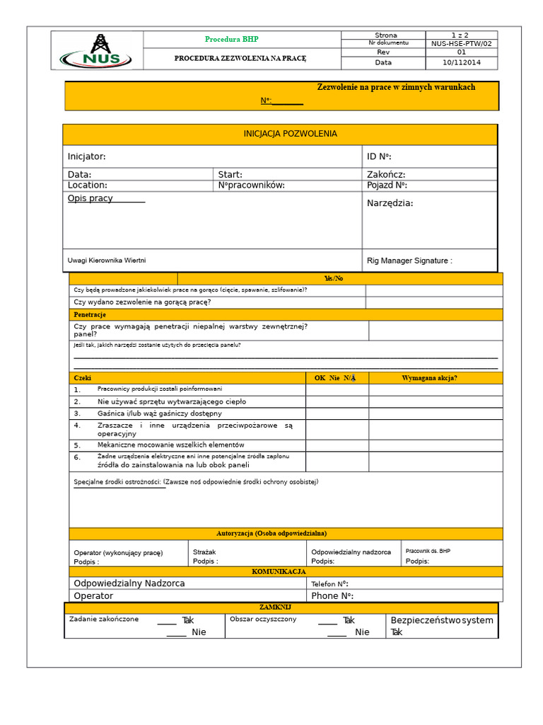 Zezwolenie Na Prace Na Zimno Hse-Ptw | PDF