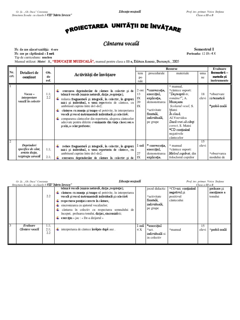 Educatie Muzicala Clasa A III-a - Proiectare Unitati de Invatare | PDF