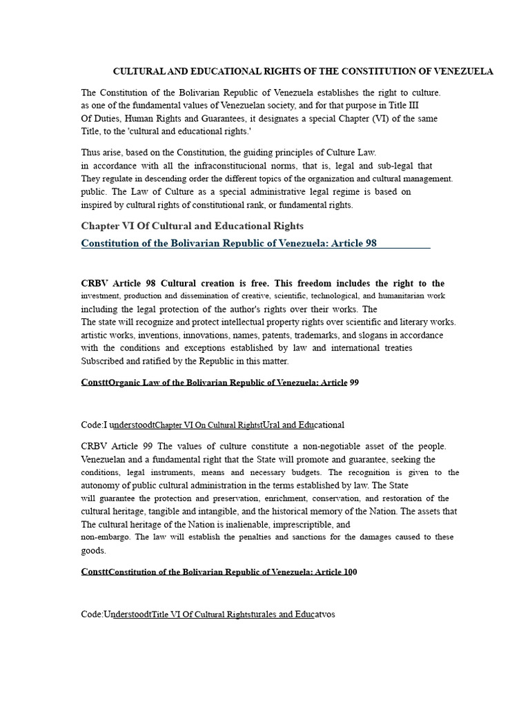CULTURAL AND EDUCATIONAL RIGHTS OF THE CONSTITUTION OF VENEZUELA | PDF ...