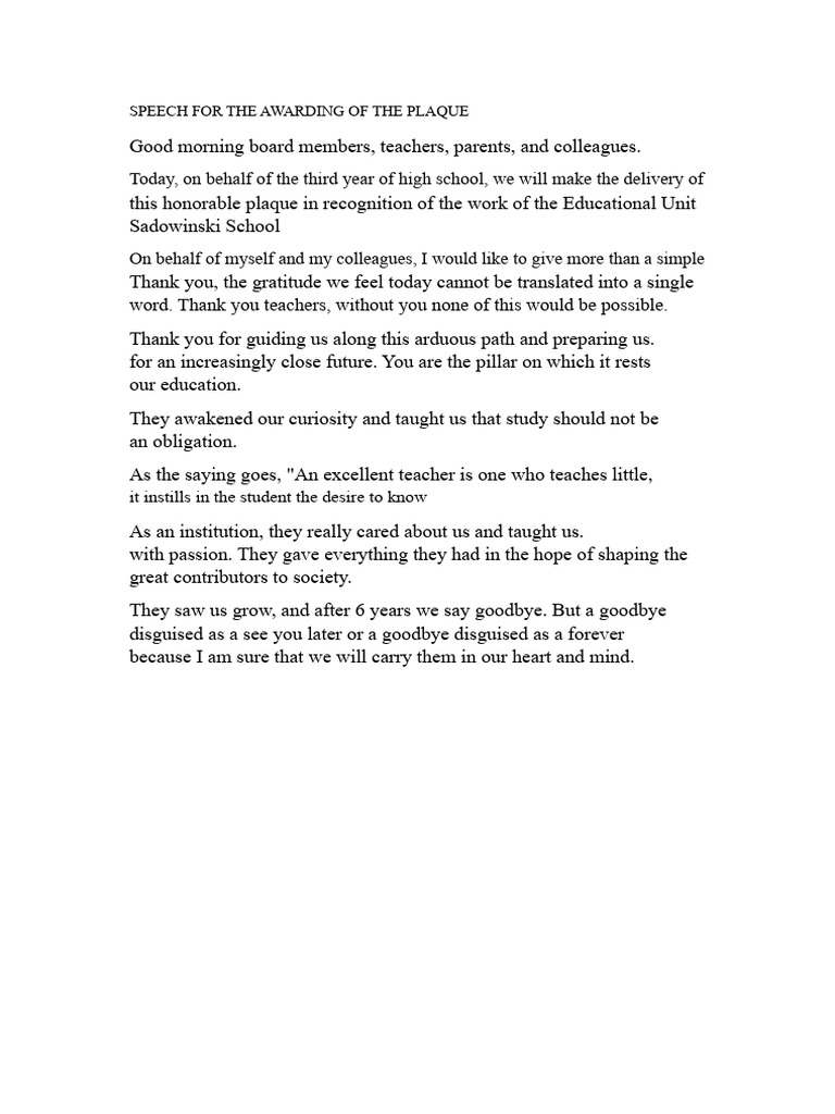 Speech For The Award of Plaque | PDF