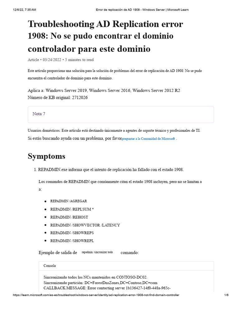 Error de replicación de AD 1908 - Windows Server _ Microsoft Learn | PDF | Directorio Activo ...