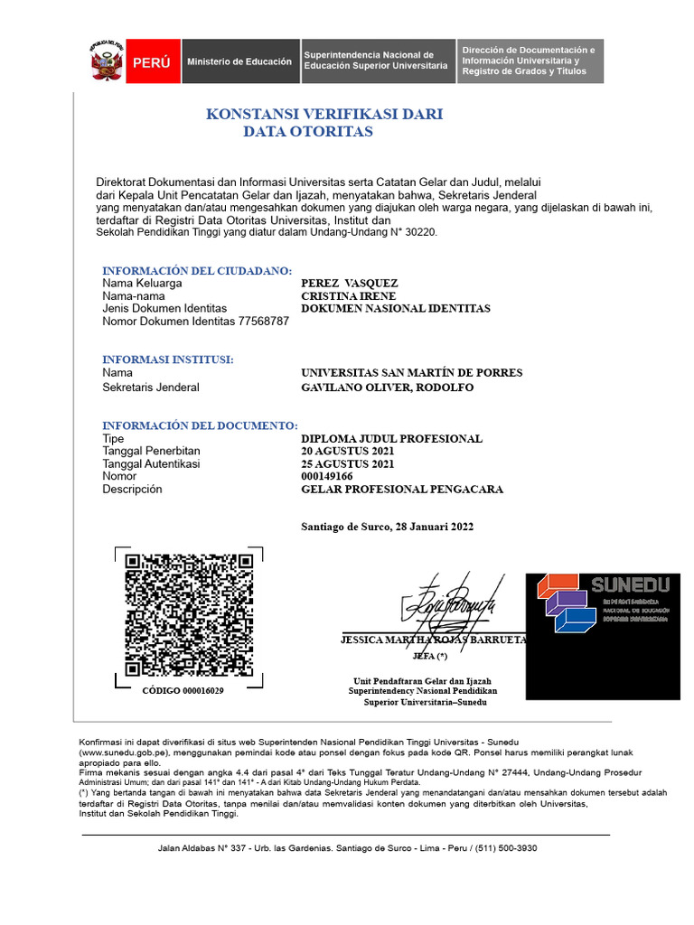 Sertifikat Verifikasi Data Otoritas Sunedu | PDF