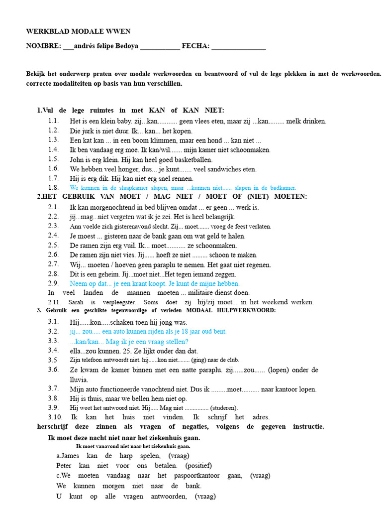 Werkblad Modaal Werkwoorden | PDF