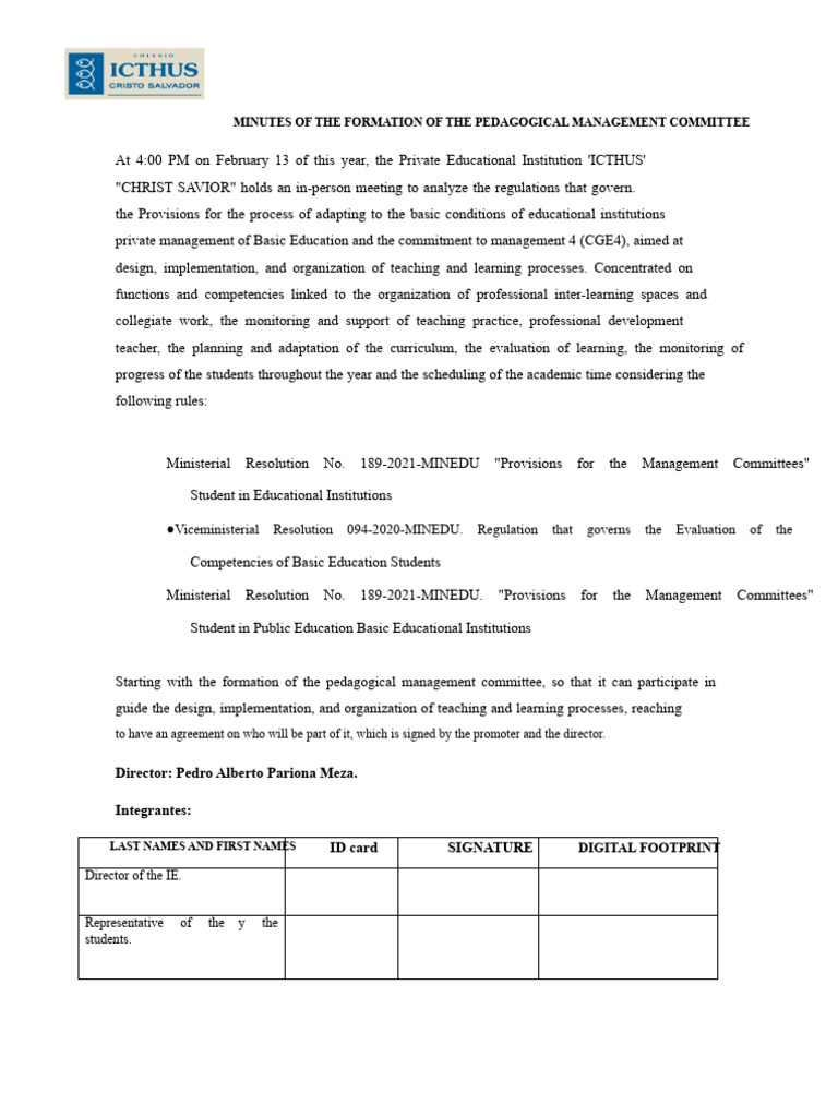 Minutes of The Establishment of The Pedagogical Management Committee ...