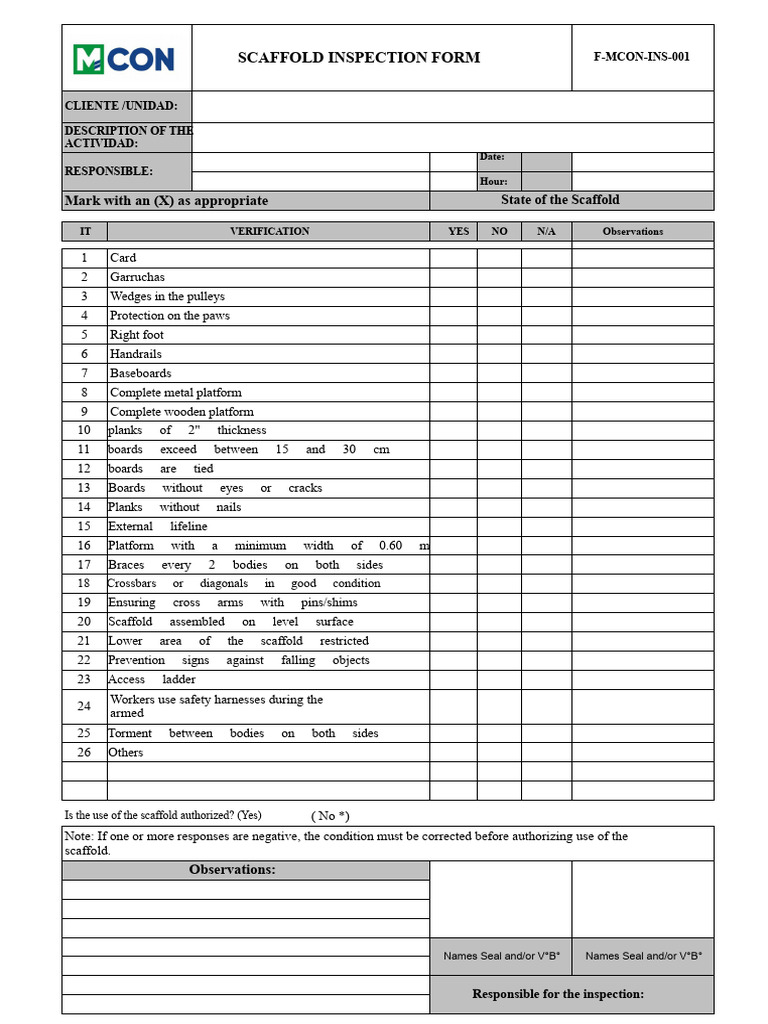 Scaffold Inspection Form | PDF