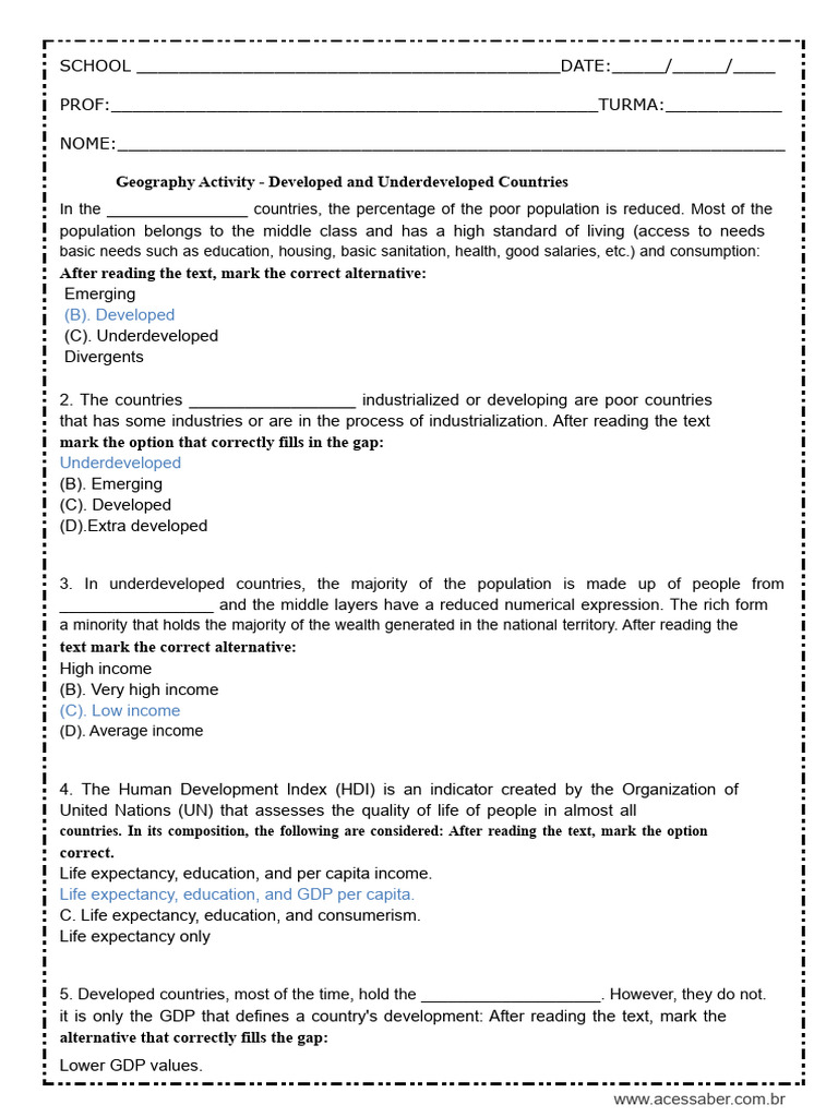 Geography - 8th Grade With Answers - Developed Countries | PDF