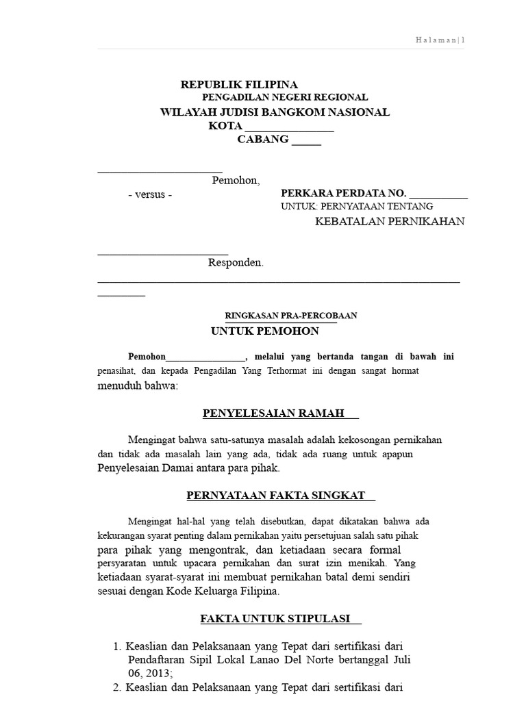 Contoh Ringkasan Pra-Persidangan Pembatalan | PDF