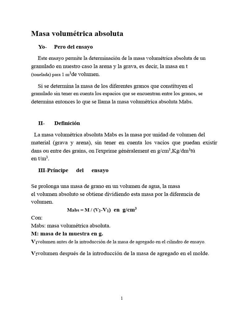 Determinación de Masa Volumétrica Absoluta | PDF | Volumen | Grava