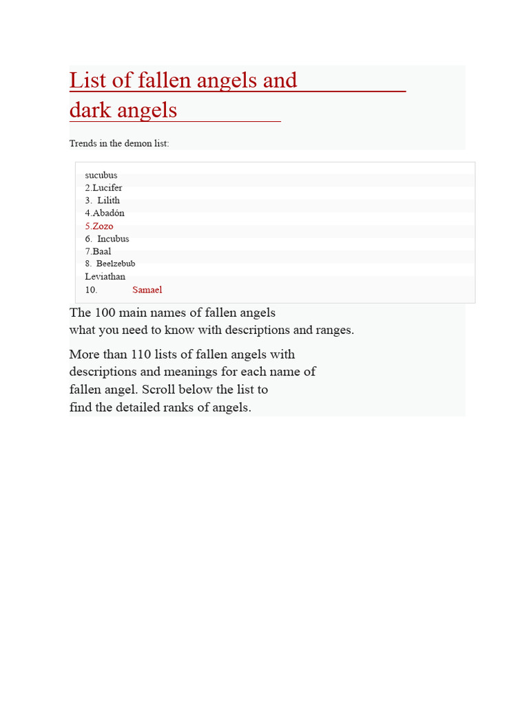 List of Fallen Angels and Dark Angels | PDF | Satan | Fallen Angels