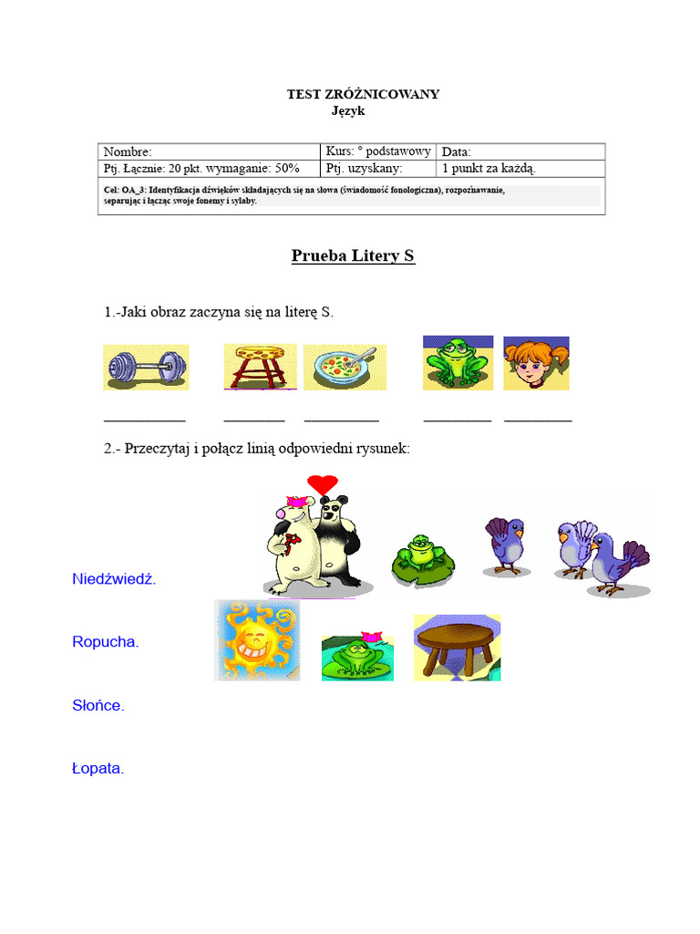 Test Zróżnicowany Litera S | PDF