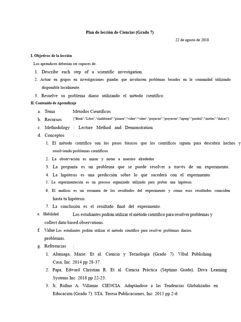Plan de Lección en Ciencias | PDF | Experimentar | Método científico