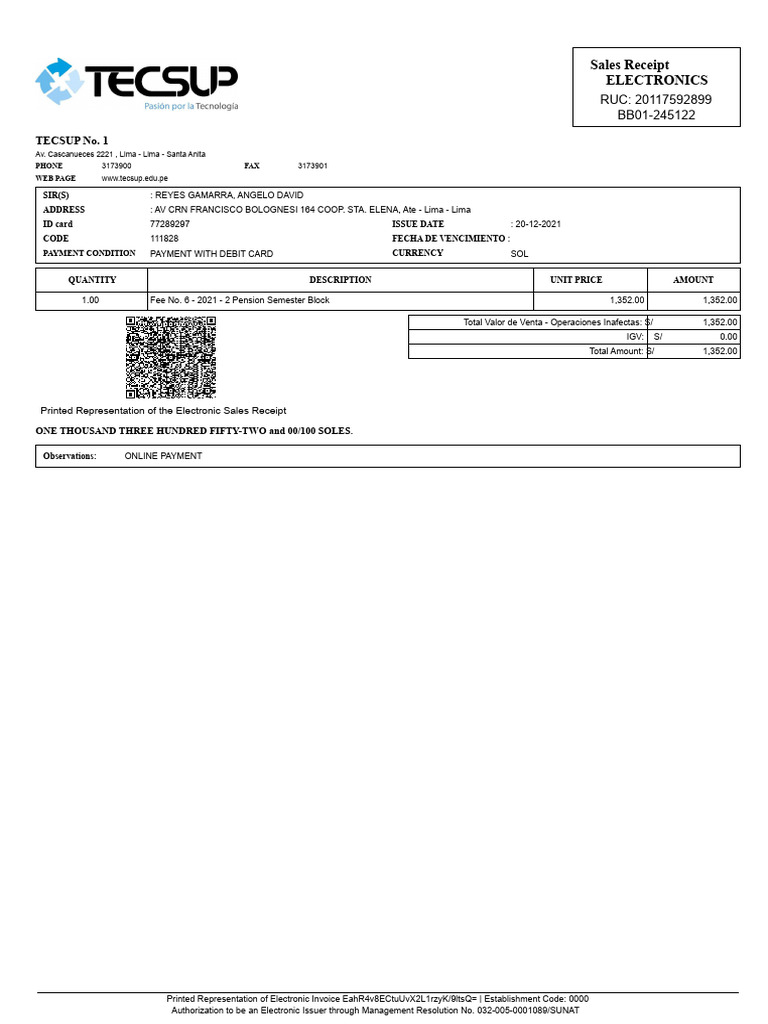 Tecsup BB0100245122 | PDF | Receipt | Payments
