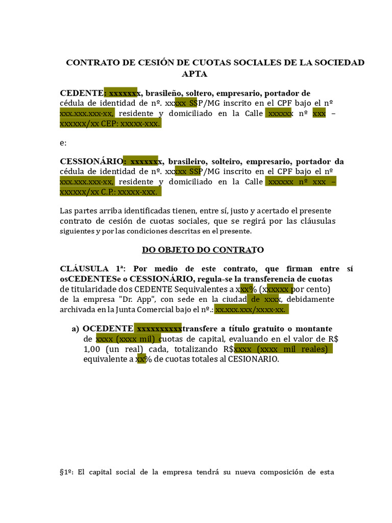 Contrato de Cesión de Cuotas Sociales | PDF | Daños y perjuicios ...