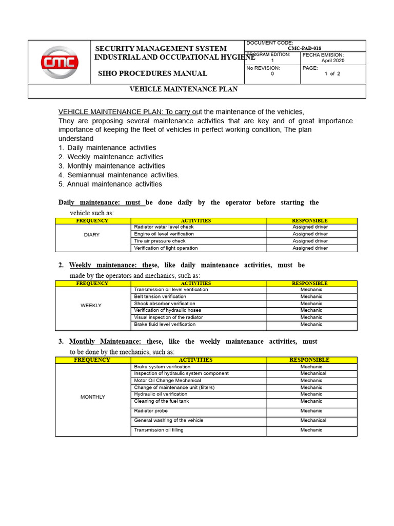 Vehicle Maintenance Plan | PDF | Vehicles | Vehicle Parts