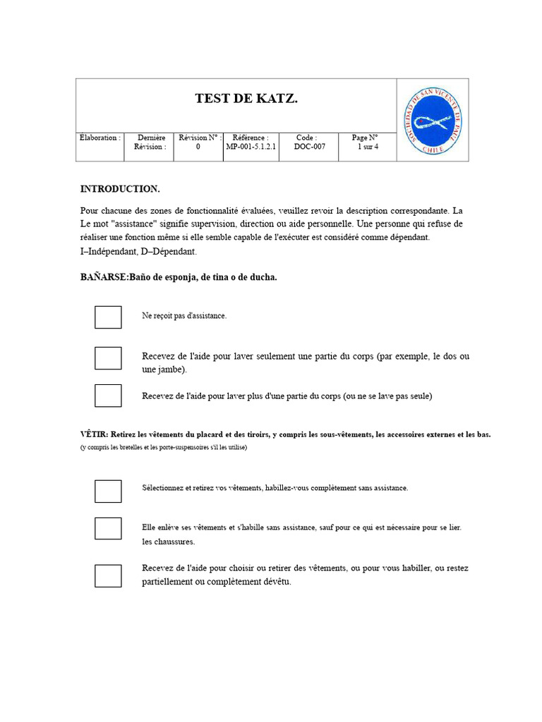 Test de Katz : Évaluation de l'autonomie | PDF