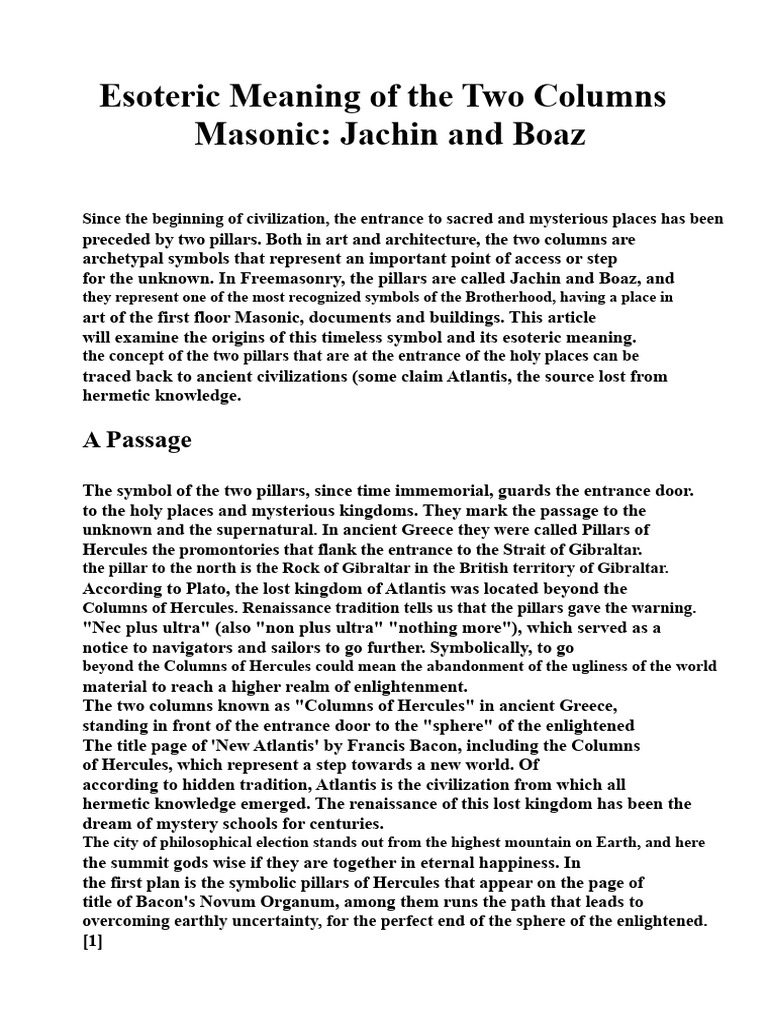 Esoteric Meaning of The Two Masonic Columns Jachin and Boaz | PDF | Temple