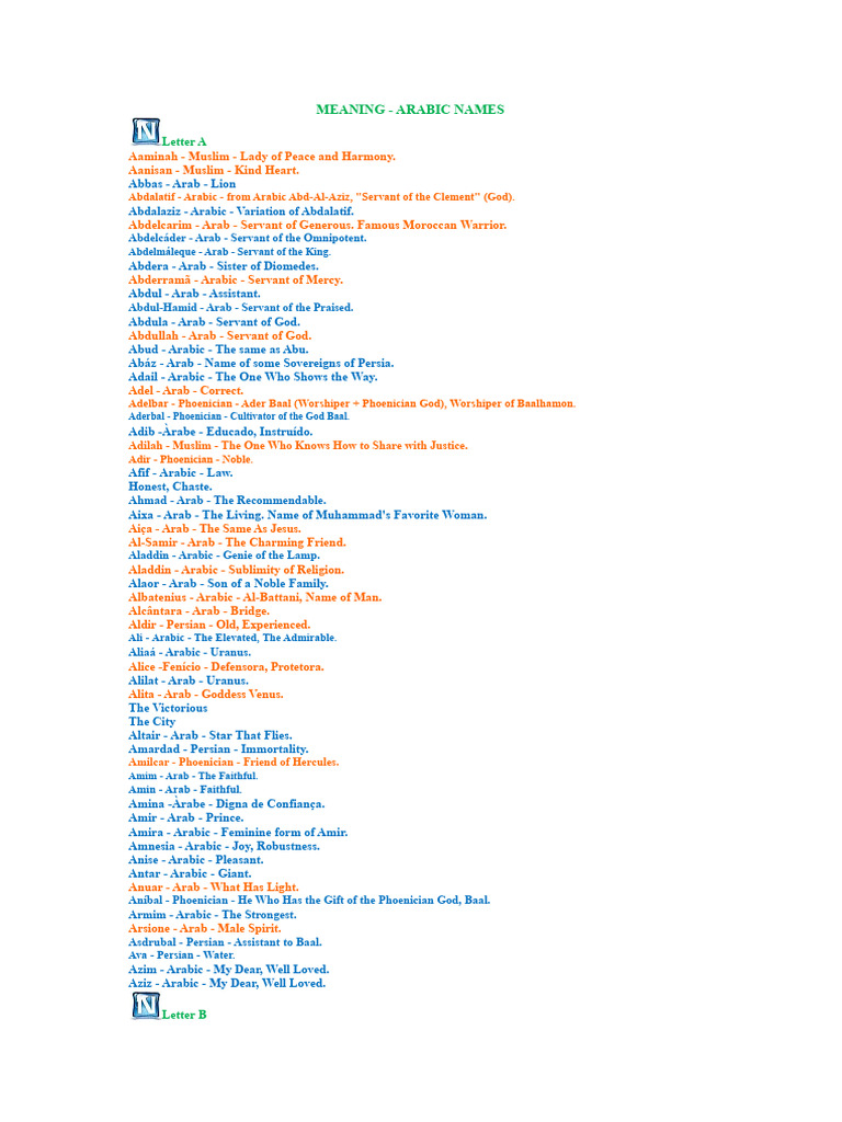 Arabic Names and Their Meanings | PDF