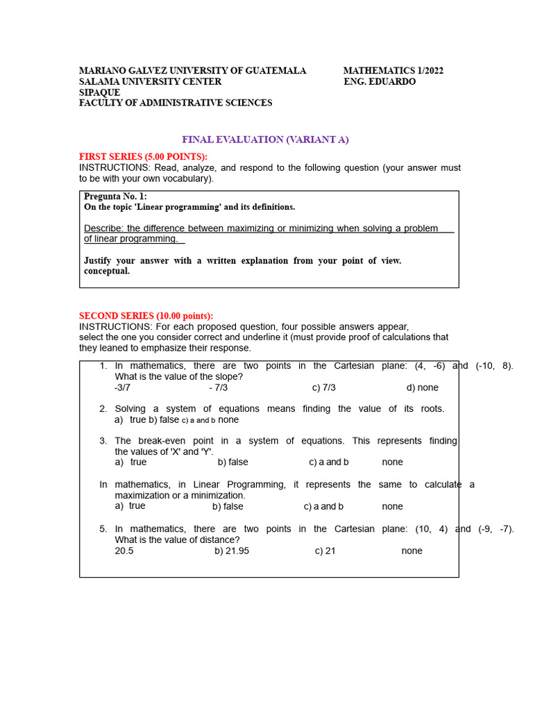 Mate1 Eva Final Vari A 2022 | PDF | Mathematics | Demand