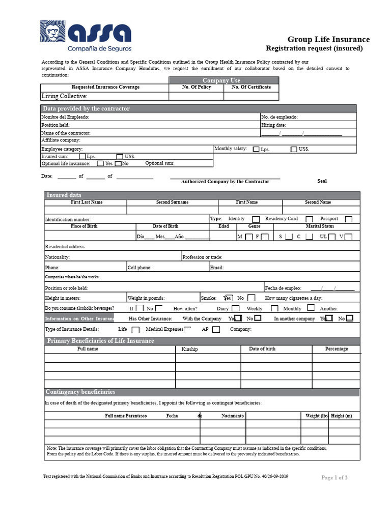 Group Life Insurance Enrollment Form | PDF | Insurance | Life Insurance